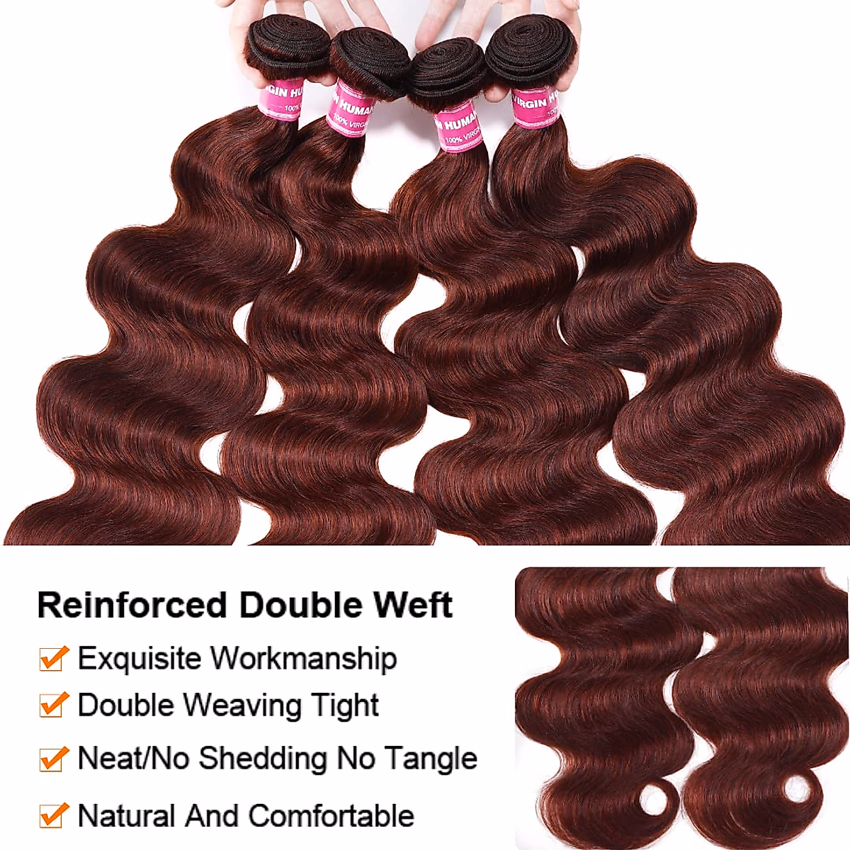 Nadula 12A Reddish Brown Body Wave Human Hair Weave 3 Bundles for Women, 16 18 20inch Brazilian Virgin Remy Hair Bundles Auburn Brown Copper Red Colored Human Hair Wavy Weaves Extensions 33B Color