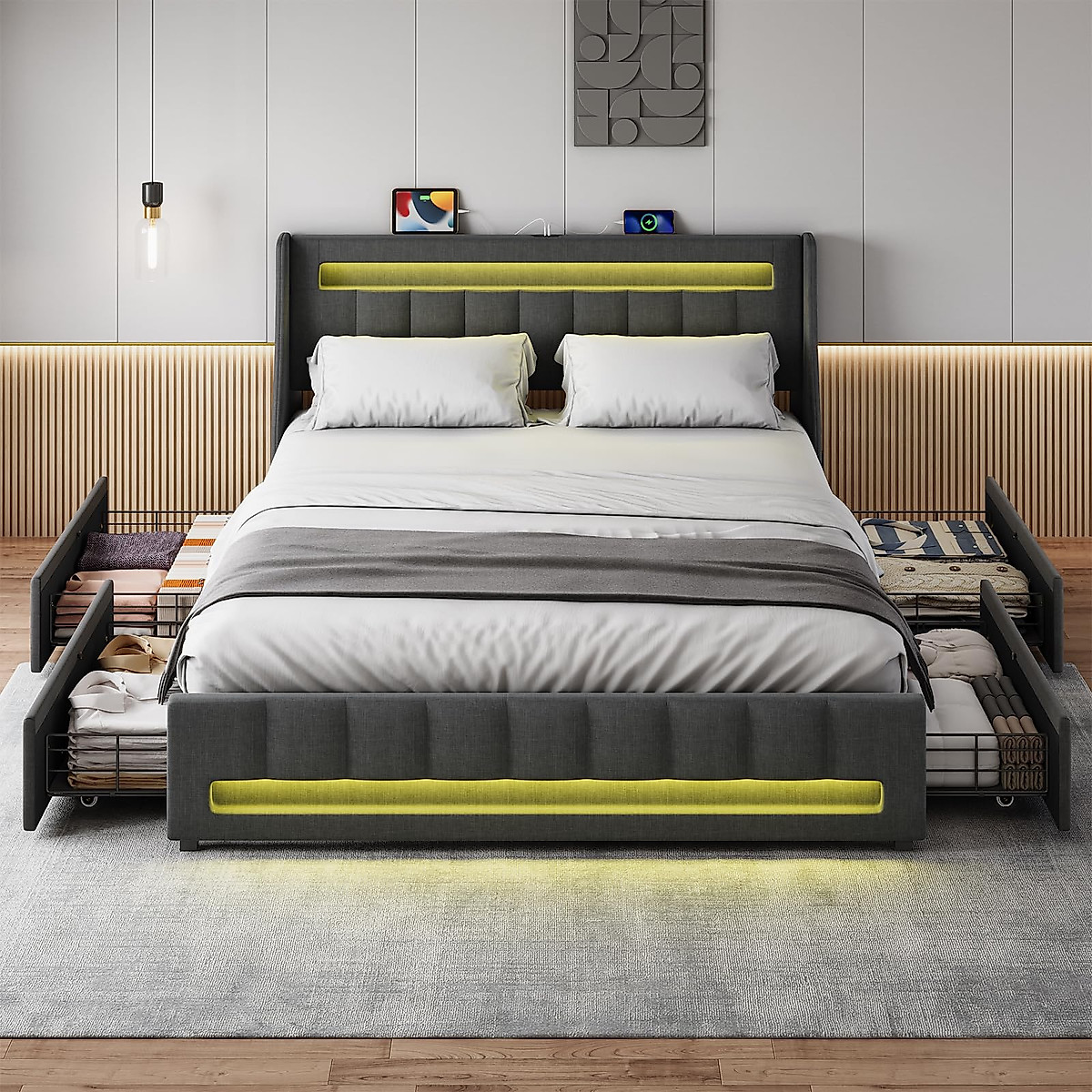 UPOSOJA Upholstered Full Size Bed Frame with 4 Storage Drawers,RGB LED Light,Charging Station,Slat Support,No Box Spring Needed,Noise-Free,Easy Assembly,Dark Grey