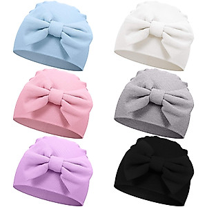 Geyoga 6 Pcs Newborn Hats Baby Beanie Cotton Hats Soft Newborn Baby Cap with Cute Bow for 0-6 Months Girls Unisex Baby(Classic Colors)