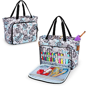 CURMIO Knitting Tote Bag, Yarn Storage Bag with Pockets for Crochet Hooks, Knitting Needles, Knitting Project and Accessories, Dandelion (Bag Only, Patented Design)