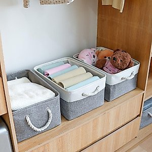Foldable Storage Baskets for Organizing , Linen Closet Organizers,16.×12in Closet Organizer Bins with Cotton Rope Handles,Fabric Basket,Storage Baskets for Shelves, Toys,Clothes,Office-Gray/Off White