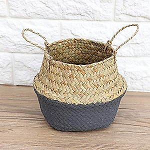 LetCart Storage Basket - Foldable Natural Seagrass Woven Clothes Storage Organizer Flower Plant Pot Basket(Black)