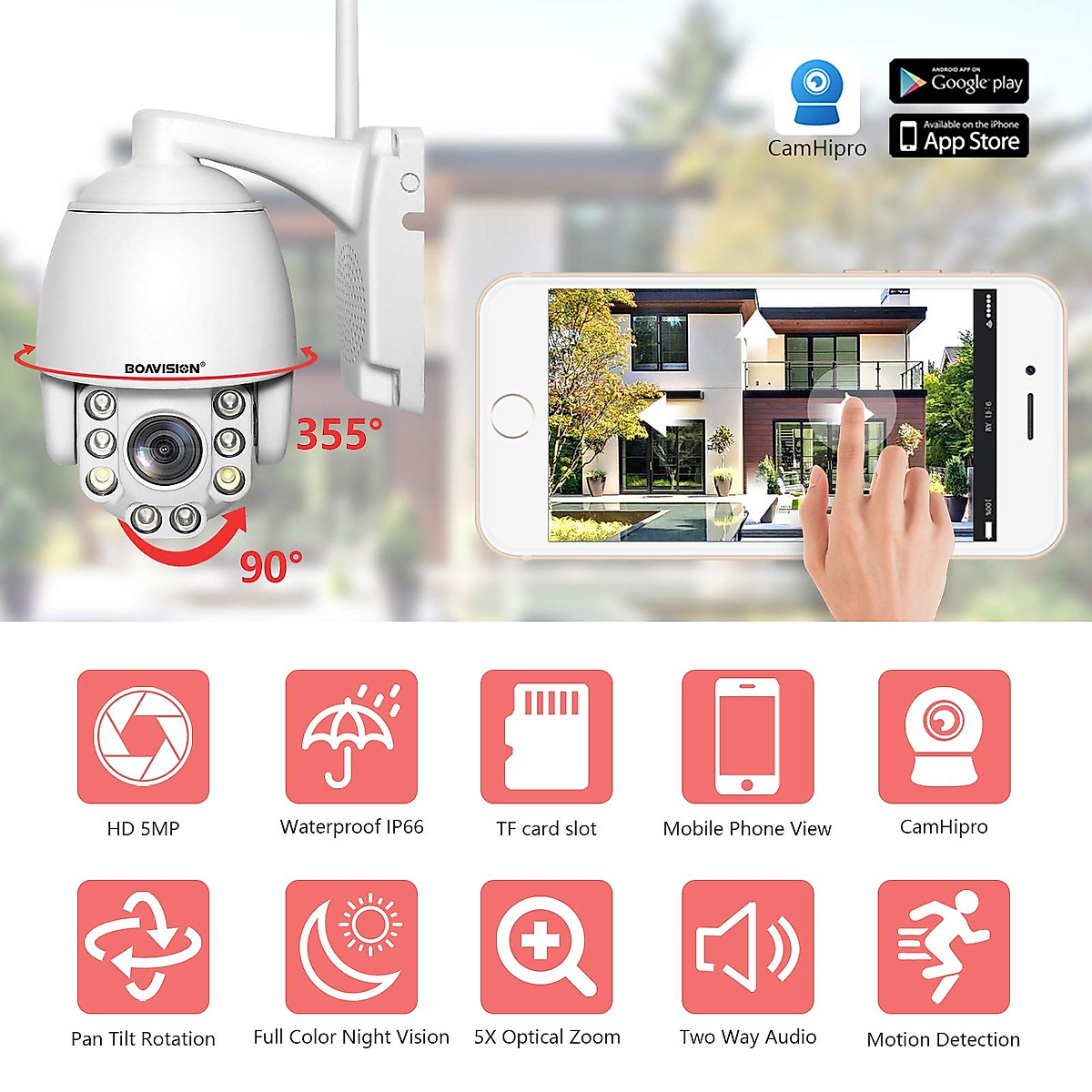 BOAVISION 5MP PTZ WiFi Camera, HD Outdoor Wireless IP Camera, Pan Tilt 5X Optical Zoom, Two Way Audio, 196ft Full Color Night Vision, Dome Security Camera CamHipro Protocol