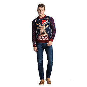 Men‘s Ugly Christmas Sweater Unisex Novelty Santa Pullover for Party Fun Reindeer with Hat Medium