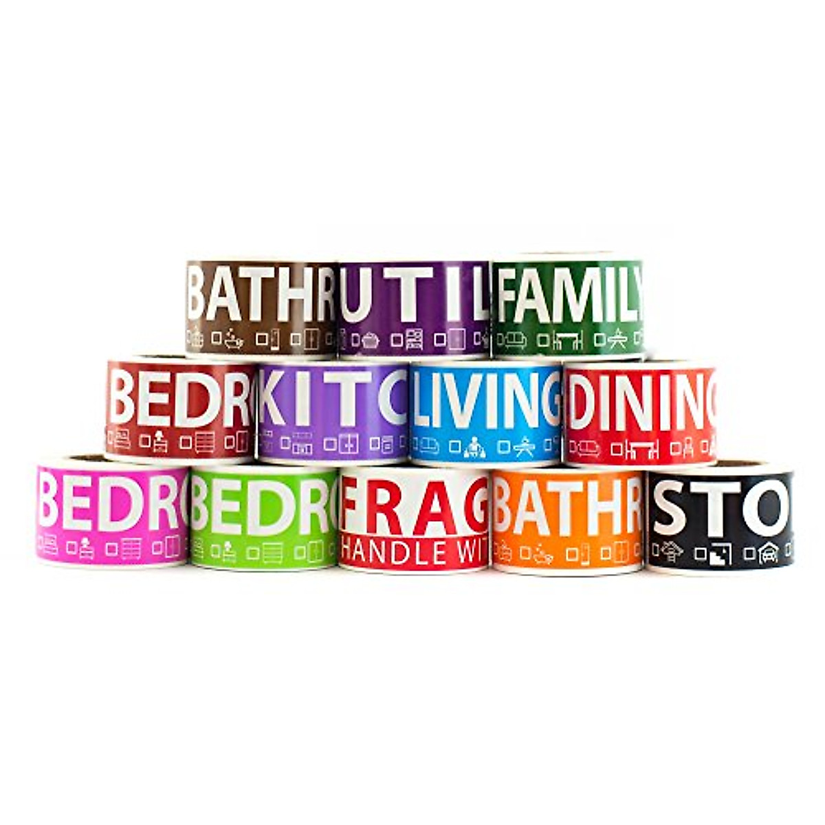 600 Home Moving Labels for 3 Bedroom House. 50 labels per room, 12 Color Coded Label Rolls. FRAGILE label included. For Moving boxes, Moving Supplies, Wardrobe Boxes, Apartment sticker