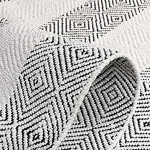 SAVON Hand Woven Cotton Flatweave Area Rug 5x3 Woven Black and White Diamond Argyle