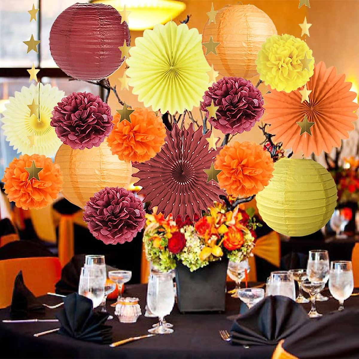 Orange and Burgundy Party Decorations Fall Party Decorations Orange Burgundy Yellow Paper Lanterns for Fall Baby Shower Bridal Shower Birthday Wedding Engagement Autumn Graduation Party Decor