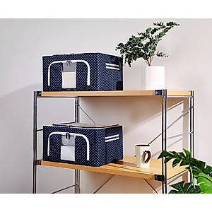 Furnhome Clothes Storage Organizer Bins, Foldable Storage Bins-Oxford Cloth Steel Frame Storage Box for Clothing Storage with Foldable Clear Window & Reinforced Handles (Navy Dots, 22L, 3PCS)…