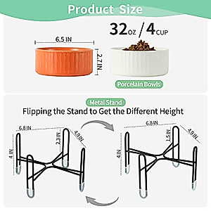 OMAYKEY 32 OZ Ceramic Elevated Dog Bowls with Metal Stand, Raised Cat Bowl Set for Food and Water, Pet Feeder Bowl Dish for Cats & Dogs, Non-Slip, Dishwasher Safe, White & Orange