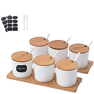 TAMAYKIM 8 OZ Porcelain Condiment Jars, Seasoning Boxes with Spoons and Bamboo Cover, Ceramic Sugar Bowls with Lid, Condiment Container for Kitchen, Pack of 6