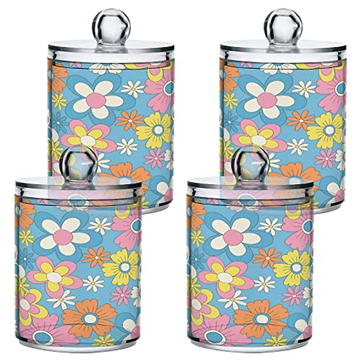 xigua Colorful Flowers 2 Pack Qtip Holder Dispenser with Lid,Apothecary Jars Plastic Cotton Swabs Cans Clear Bathroom Storage Canister for Cotton Ball, Cotton Swab, Cotton Round Pads, Floss