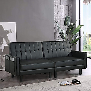 VUYUYU Futon Sofa Couch Bed, Faux Leather Loveseat Couches for Living Room, Mid-Century Modern Tufted Convertible Love Seats Recliner Sleeper Sofa for Small Space with Armrest/Side Pockets