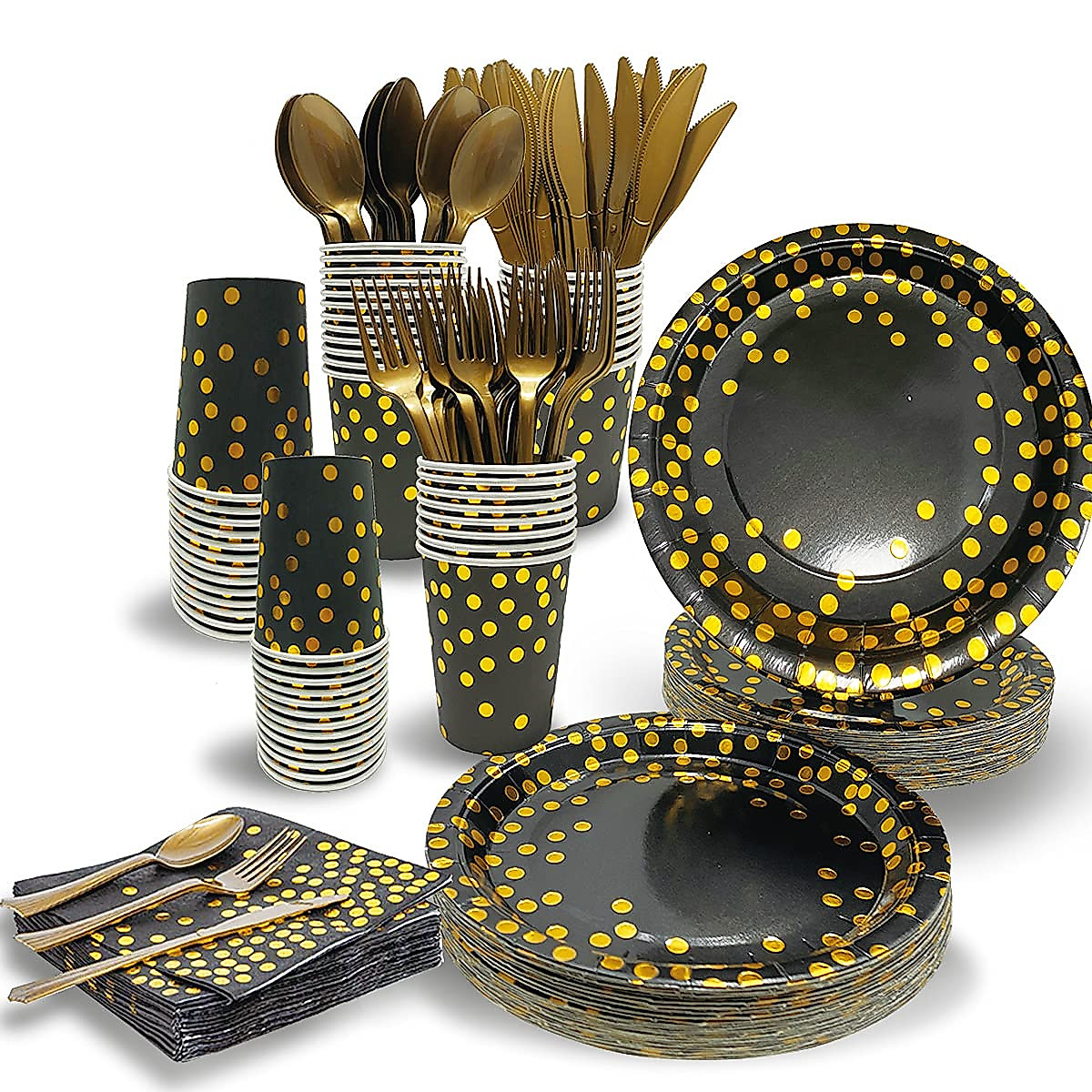 New Years Eve Party Supplies 2025 Christmas Decorations Party Plates Napkins Set Black and Gold Party Supplies 350 Pcs Disposable Paper Plates Napkins Gold Fork Knives Spoon, Serves 50