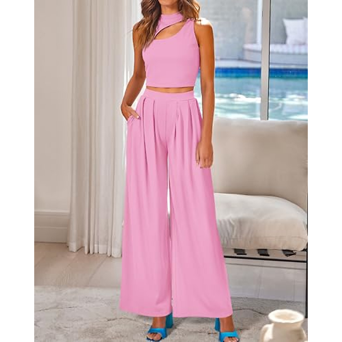 BTFBM Women 2 Piece Outfits 2024 Spring Summer Tracksuits Mock Neck Sleeveless Cutout Crop Top Wide Leg Pants Sweatsuits(Solid Pink, X-Large)