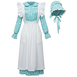 FORTMAC Pioneer Dress Women-Prairie Dress Women 1800s Amish Colonial Dress Women Bonnet Apron Blue S