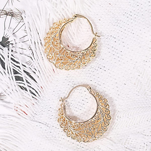 Jiulory Golden Filigree Earrings Vintage Filigree Hoop Earrings Oval Hollowed Gold Plated Dangle Earrings Click-Top Boho Yellow Fashion Earrings for Women