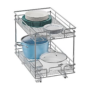 LOVMOR Pull Out Cabinet Organizer and Storage (20" W x 21" D) 2-Tier Pull Out Shelf Storage for Kitchen Base Cabinet Silver (20" W x 21" D, Silver, Roll on Top)