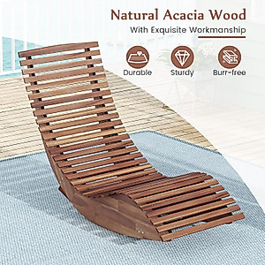 Nightcore Rocking Outdoor Lounger Chair with Slatted Design, Acacia Wood Outdoor Lounger with High Back, Outdoor Wooden Sun Lounger for Backyard, Sunbathing, Garden (2)