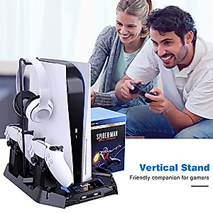 PS5 Stand with 2 Cooling Station & Dual Controller Charging Station for PS5 Console,Digital/Disc Edition, Benazcap PS5 Accessories Cooling Stand with Charge Stock, Headset Holder and 8 Game Slot,Black