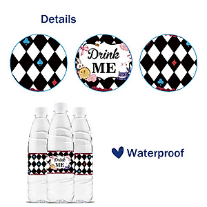 32 Pcs Alice in Wonderland Water Bottle Stickers, Alice Tea Party Water Bottle Labels, Alice Birthday Bottle Wrappers, Bridal Shower Party Decorations - Black