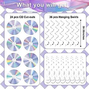 60 pcs 90's Party Decorations Retro 90s Theme Party Hanging Swirls CD Disco Cutout Wall Decor Sign with Hanging Swirls Ceiling for Music Party 1990's 2000s Birthday Party Favors Supplies