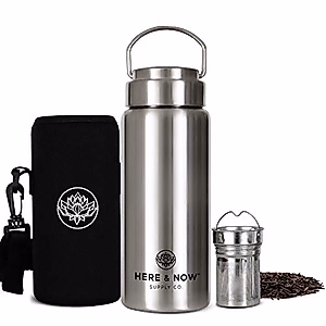 All-Purpose Travel Mug and Tumbler | Tea Infuser Water Bottle | Fruit Infused Flask | Hot & Cold Double Wall Stainless Steel Coffee Thermos | by Here & Now Supply Co. (750 ml (25.3 oz))