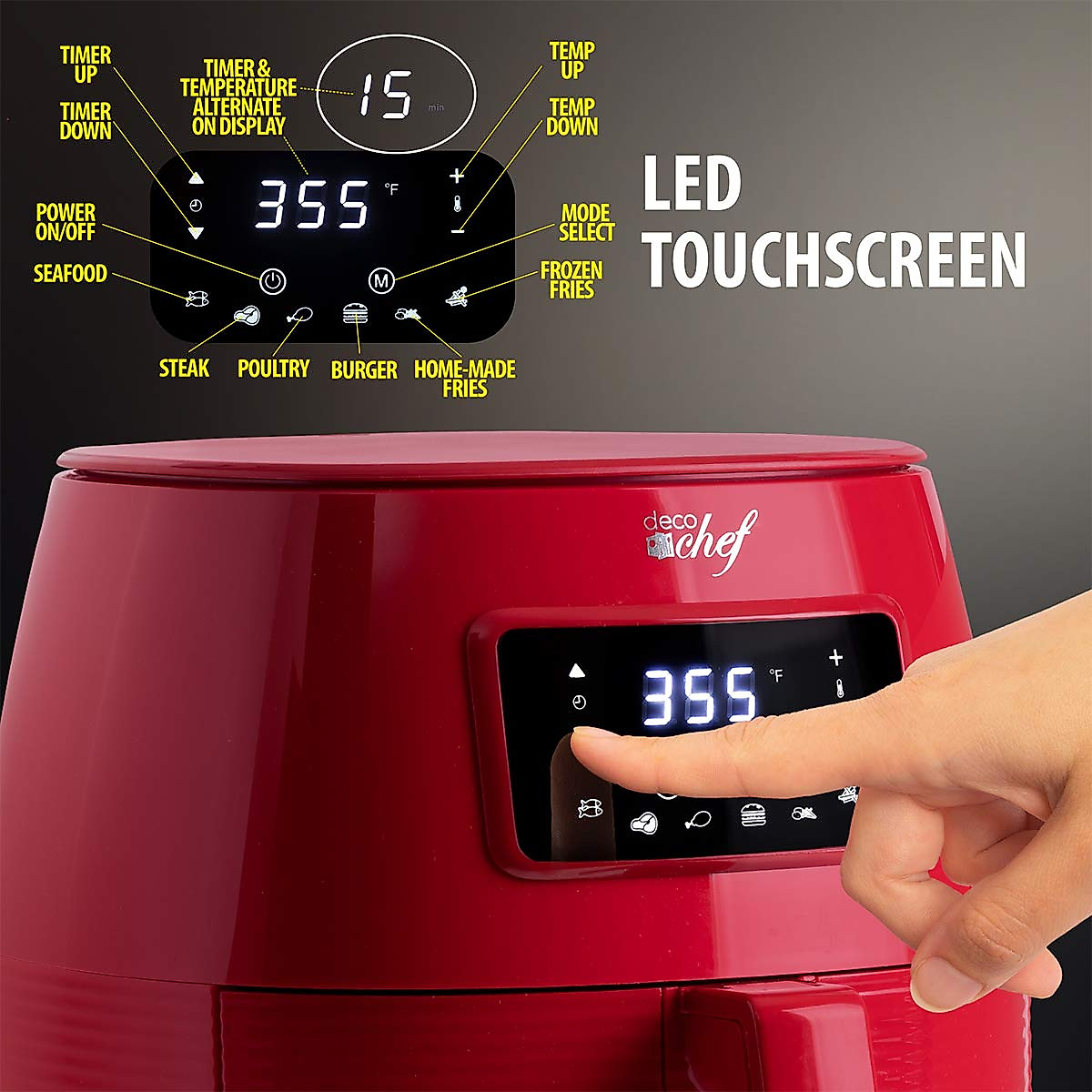 Deco Chef 5.8QT (19.3 Cup) Digital Electric Air Fryer with Accessories and Cookbook- Air Frying, Roasting, Baking, Crisping, and Reheating for Healthier and Faster Cooking (Red)