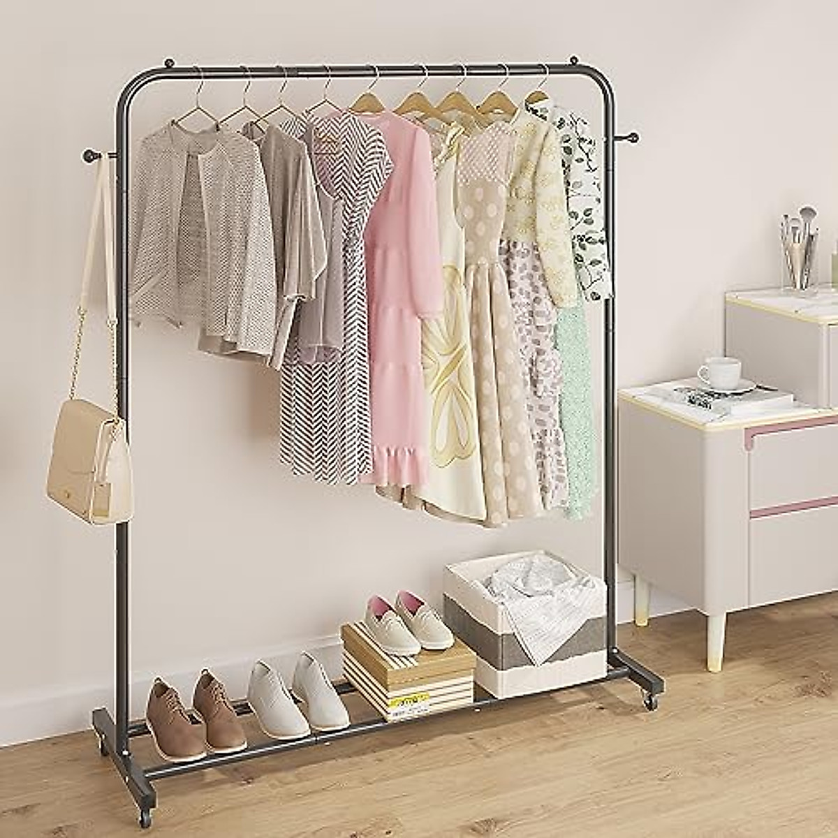 Boeeoan Garment Rack, Freestanding Simple Single Pole Clothes Rack With Wheels, Coat Rack, Multi-functional Rolling Clothing Storage Rack With 2 Hooks for Bedroom, Laundry Room, Living-room, Black