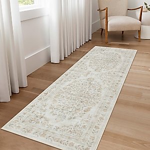 Uphome 2x6 Runner Rug, Boho Washable Rug for Bedroom, Vintage Soft Non-Slip Laundry Room Rug, Medallion Floral Low-Pile Indoor Rug for Bathroom Kitchen Entryway, Beige