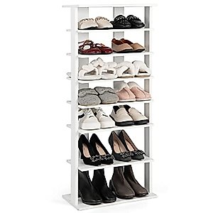 Giantex 7-Tier Wooden Shoe Rack, Patented Double Row Shoe Organizer for 14 Pairs, Customizable Height, Space-saving Shoe Storage Stand for Entryway, Hallway, Living Room, Bedroom (White, Double)