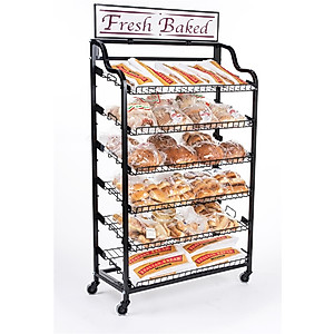 Displays2go Standing Metal Wire Rack with Two Optional Sign Holders, Wire Storage Rack and Wheels, Black (BAKCRT6WBK)