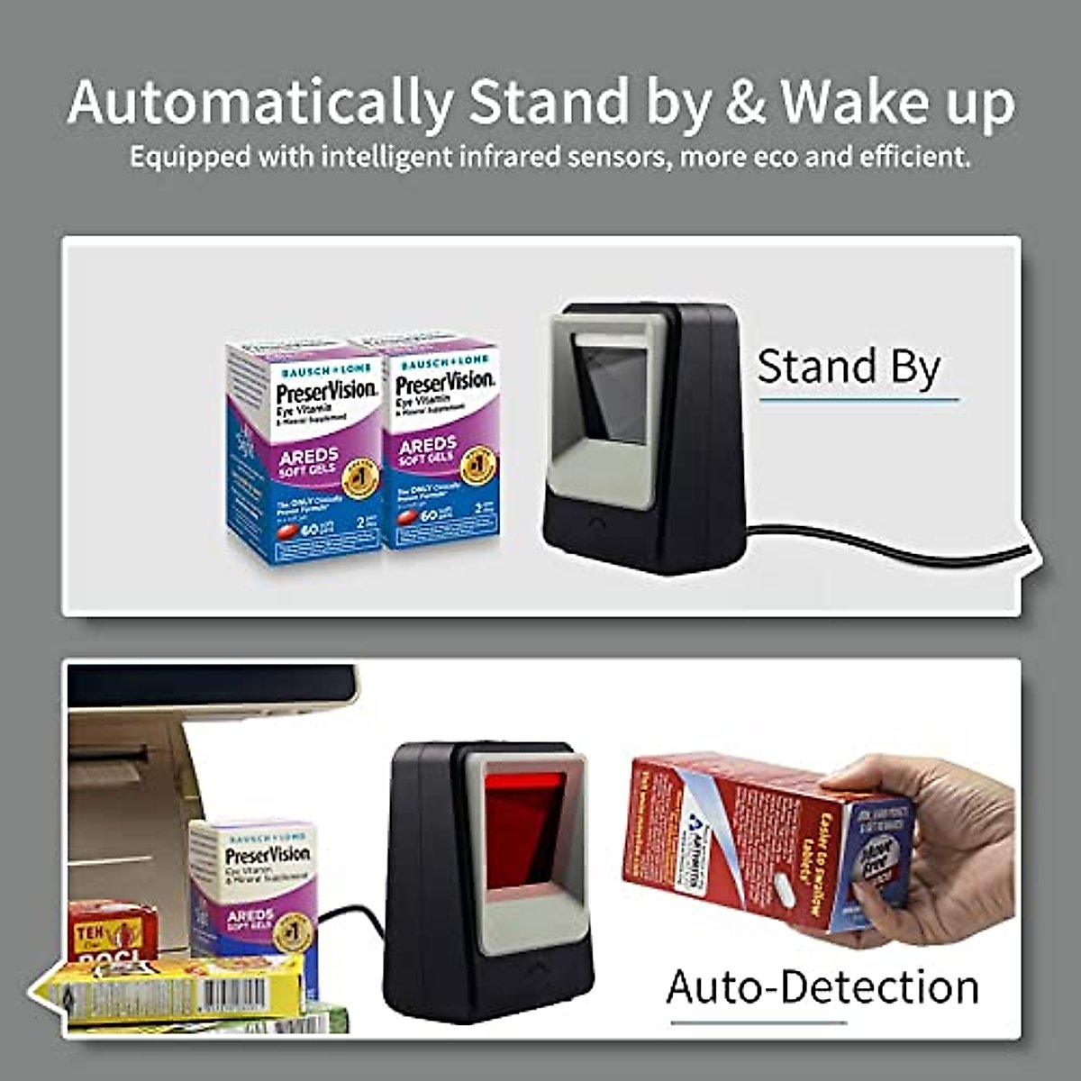 Handsfree 2D 1D Barcode Scanner,Alacrity QR Omnidirectional Desktop Bar Code Reader Scanner, Capture Barcodes from Mobile Phone Screen, Black