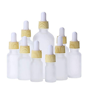 6Pcs 20ml Empty Refillable Translucent Frosted Glass Dropper Bottles Perfume Essential Oil Lotion Liquid Vials Container Sample Sub-bottles with Plastic Wood Grain Cap, 1 Funnel+1 3ml Transfer Dropper