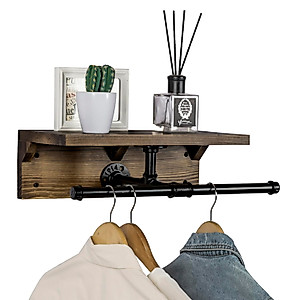 MyGift Wall Mounted Garment Rack with Top Rustic Burnt Solid Wood Shelf, Industrial Matte Black Metal Pipe Storage Clothing Hanger Rod and Display Shelf