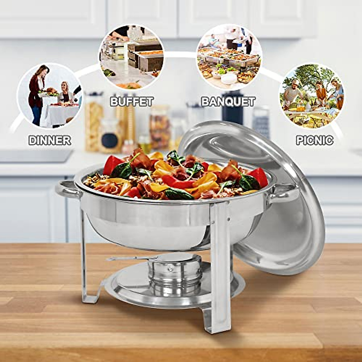 SUPER DEAL Upgraded 5 Qt Full Size Stainless Steel Chafing Dish Set of 3 Pack Round Chafer Buffet Catering Warmer Set w/Food and Water Pan, Lid, Solid Stand and Fuel Holder