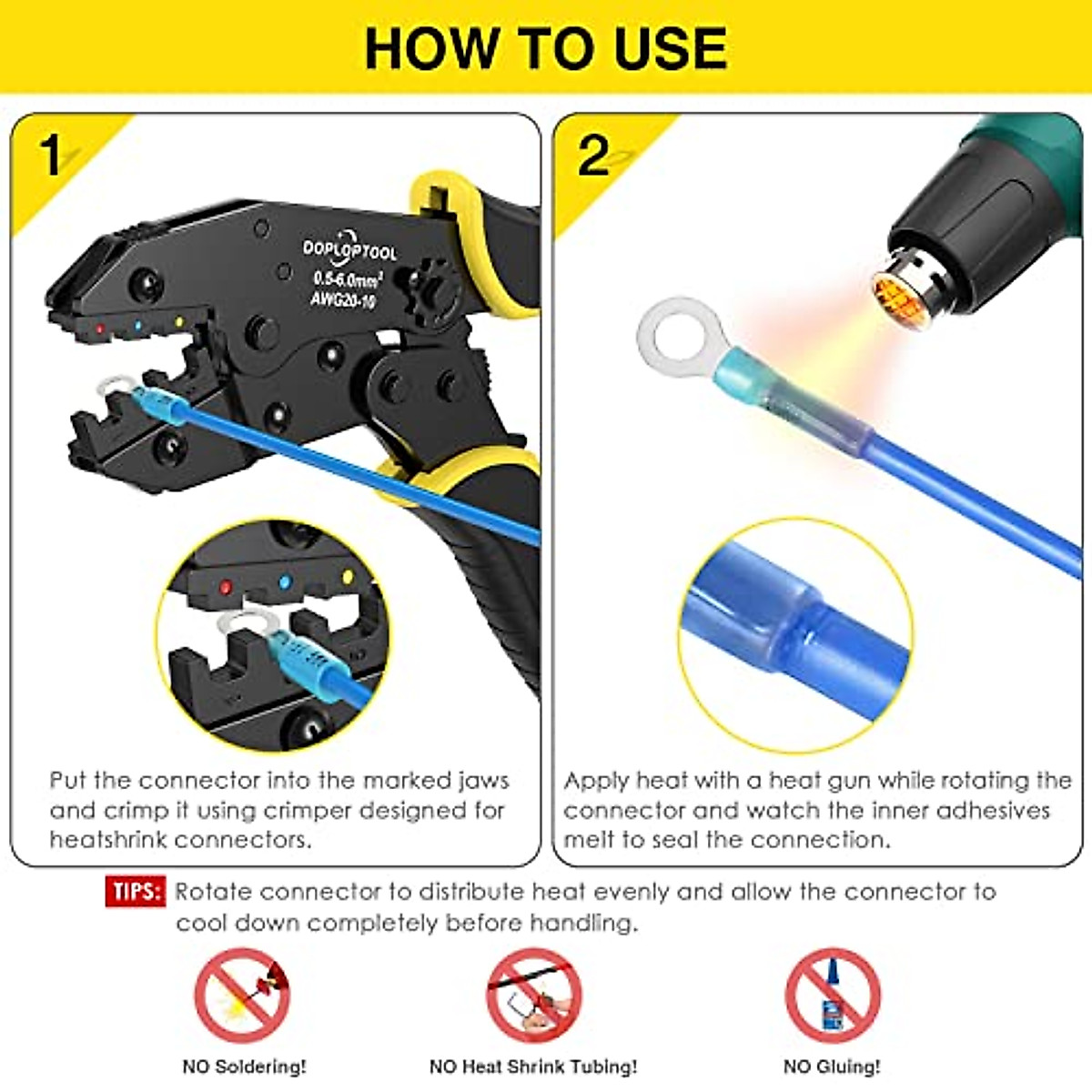 Crimping Tool for Heat Shrink Connectors, DOPLOP TOOL Ratcheting Wire Crimper Tool for 20-10 AWG (0.5-6mm²), Crimping Pliers for Cutting Wires and Insulated Wire Crimping Tool