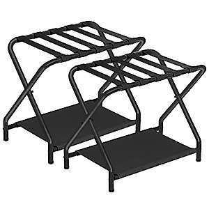 HOOBRO Folding Luggage Racks Set of 2, Suitcase Stand with Fabric Storage Shelf for Guest Room, Metal Luggage Holder, 27 x 15.3 x 22 Inches, Bedroom, Hotel, Space Saving, Black BK04XLP201