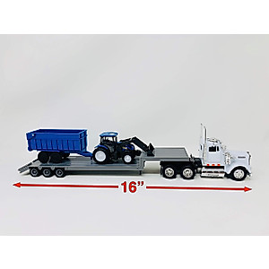 New-Ray Kenworth Lowboy Trailer with New Holland Construction Tractor Play Set