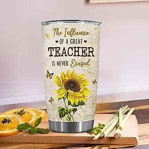BECHUSKY Teacher Gifts, Teacher Gifts For Women, Teacher Tumbler, Teacher Sunflower Tumbler Teacher Influence Tumbler Great Teacher Is Never Erased Teacher Appreciation Women Christmas Birthday 20OZ