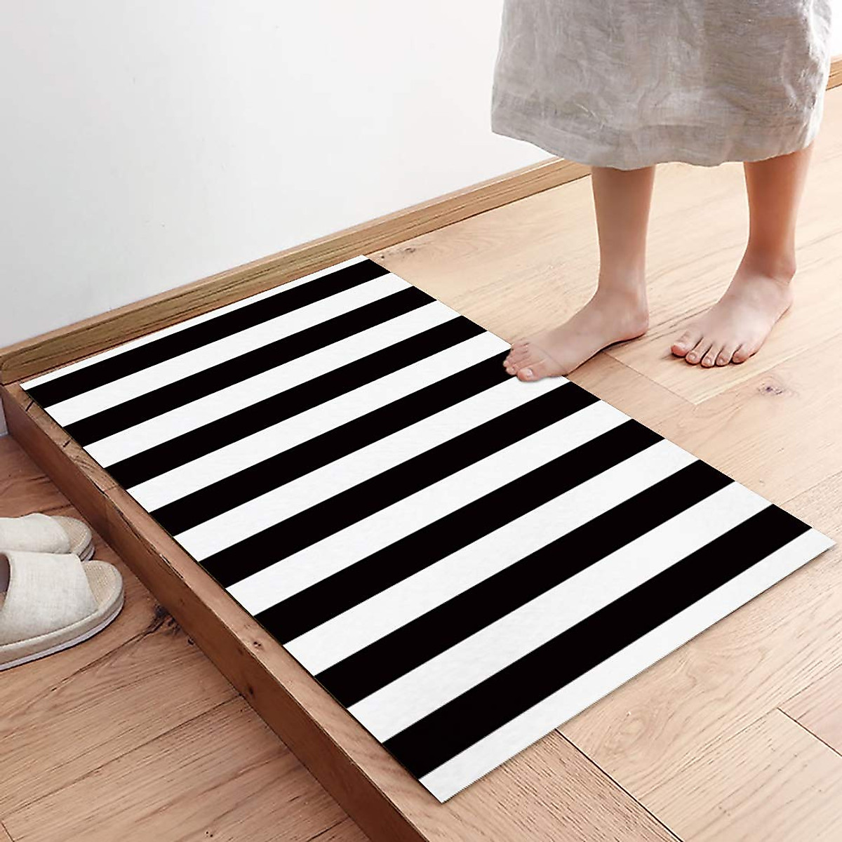 Black White Stripes Kitchen Rugs and Mats Set of 2, Washable Floor Doormat Comfort Area Runner Rug Non-Slip Rubber Backing for Indoor Classic Modern Striped