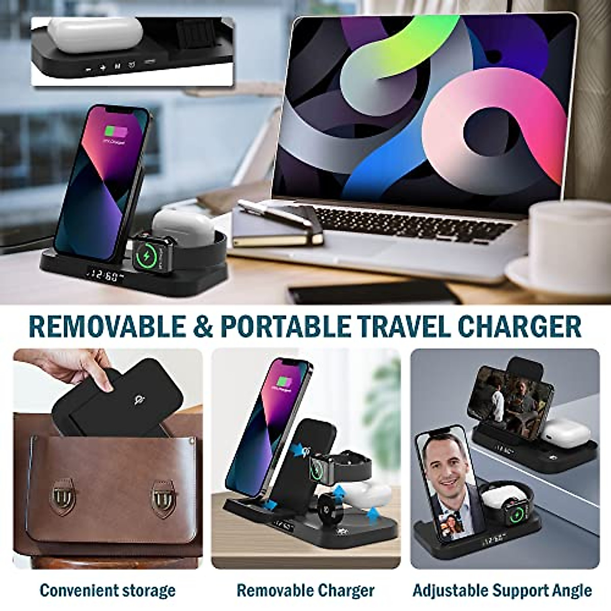Wireless Charging Station, SLITINTO 3 in 1 Wireless Charger Stand for iPhone 14/13/12 Pro Max/XR/XS, Wireless Charging Dock Pad for Apple Watch 8/7/6/5/4/3/2/SE, AirPods 3/2/Pro