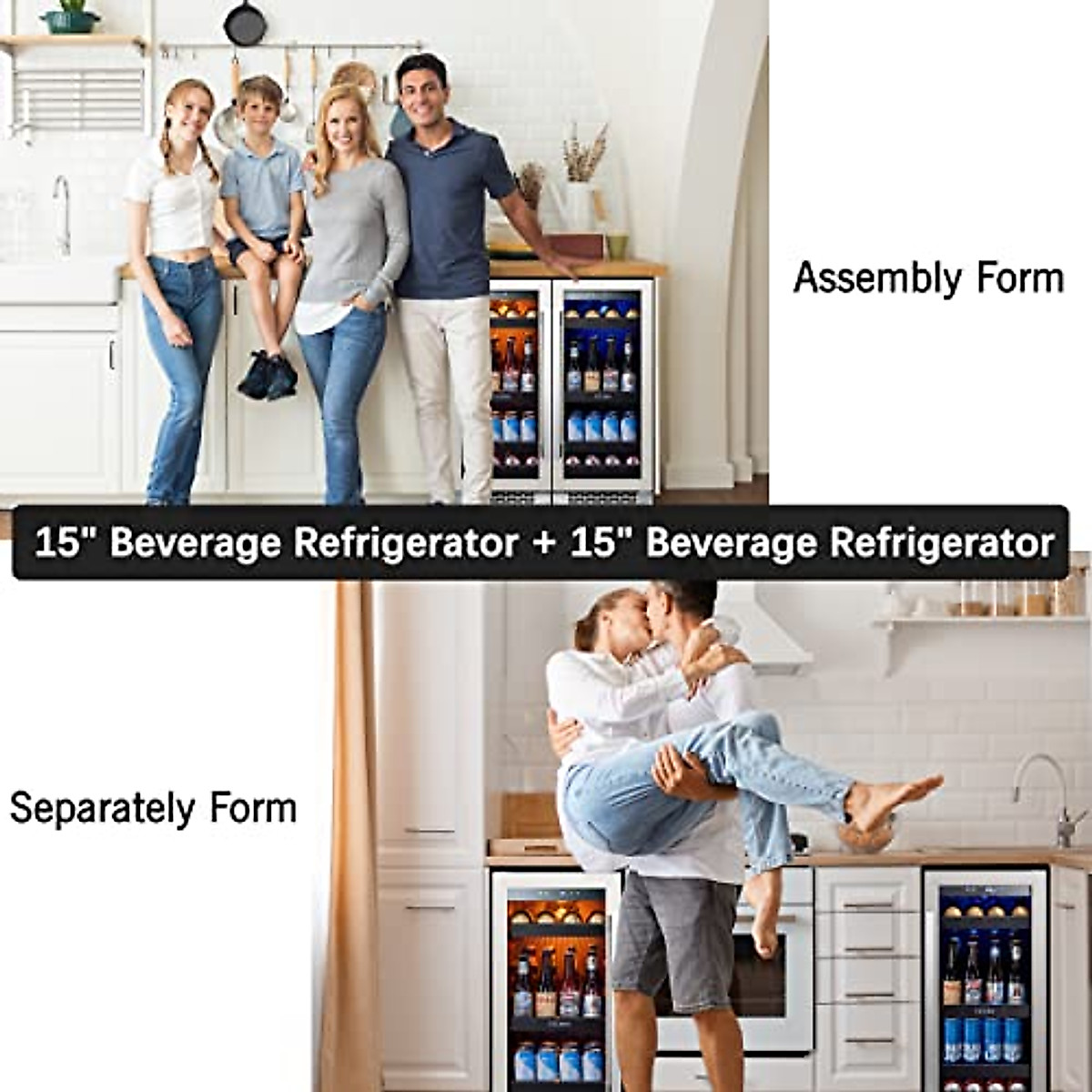 Ca'Lefort Beverage Refrigerator,15" Beverage Fridge and 15" Beverage Cooler Side-by-Side for Chilled Beer Soda or Wine, Built-In for Kitchen Office, Holds 200 Cans