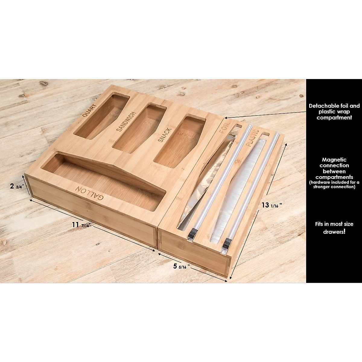 Brady Unlimited Storage Bag Organizer, Foil & Plastic Wrap Dispenser with Cutters, 6in1 Bamboo Bag Organizer for Kitchen Drawer & Wall Mount-Gallon,Quart,Sandwich,Snack, Foil & Plastic Holders