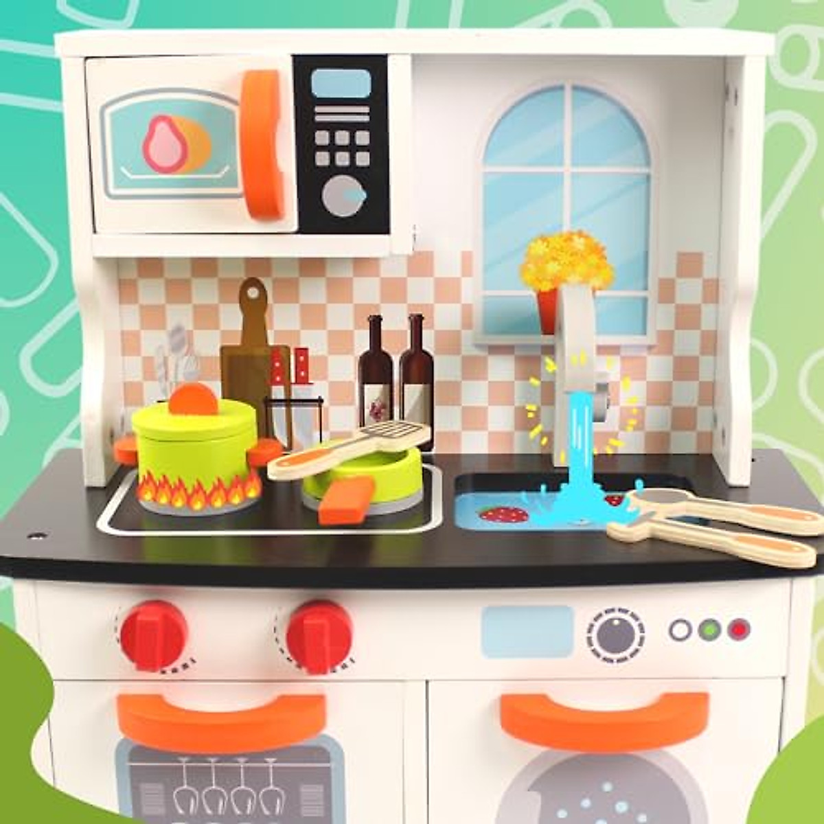 osettoys Mini Wooden Play Kitchen Set with Microwave, Pretend Play Kitchen Accessories, Role Play Toy for Kids, Cooking Toy Gift for Boys Girls