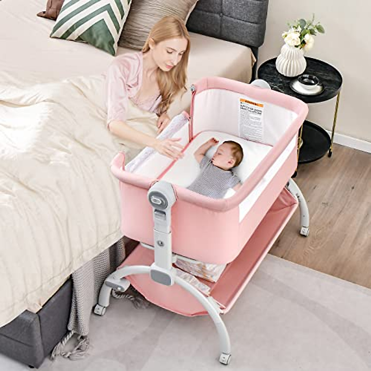 INFANS 3 in 1 Baby Bassinet, Bedside Sleeper, Rocking Cradle, Easy Folding Portable Safer Co-Sleeping Crib with Height Angle Adjustable, Wheels Storage Basket Travel Bag for Infant Newborn (Pink)
