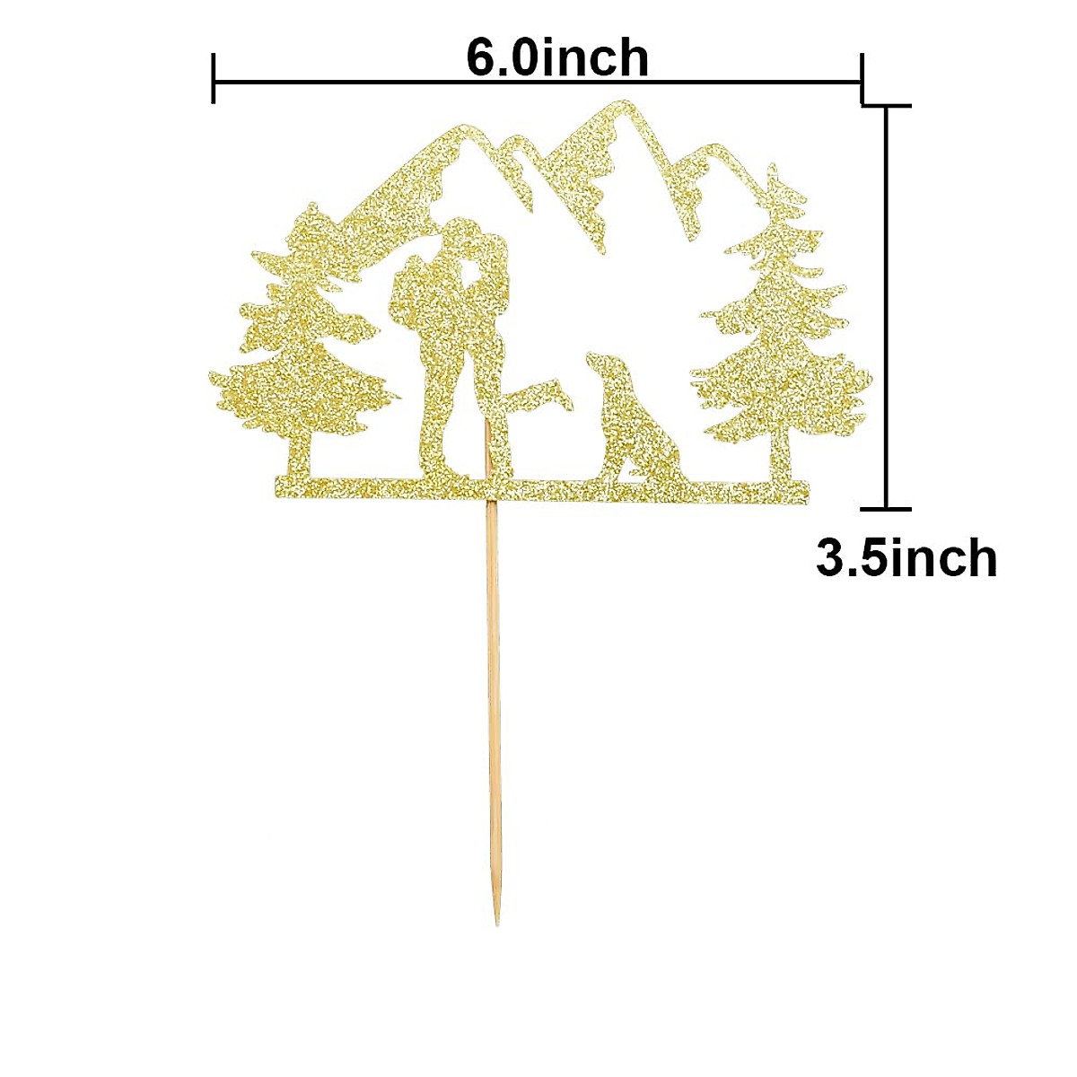 Outdoor Wedding Cake Topper Bride & Groom with Dog Backpacking Wedding Party Decor Mountain Trees Outdoor Themed Wedding Cake Decorations Gold Glitter