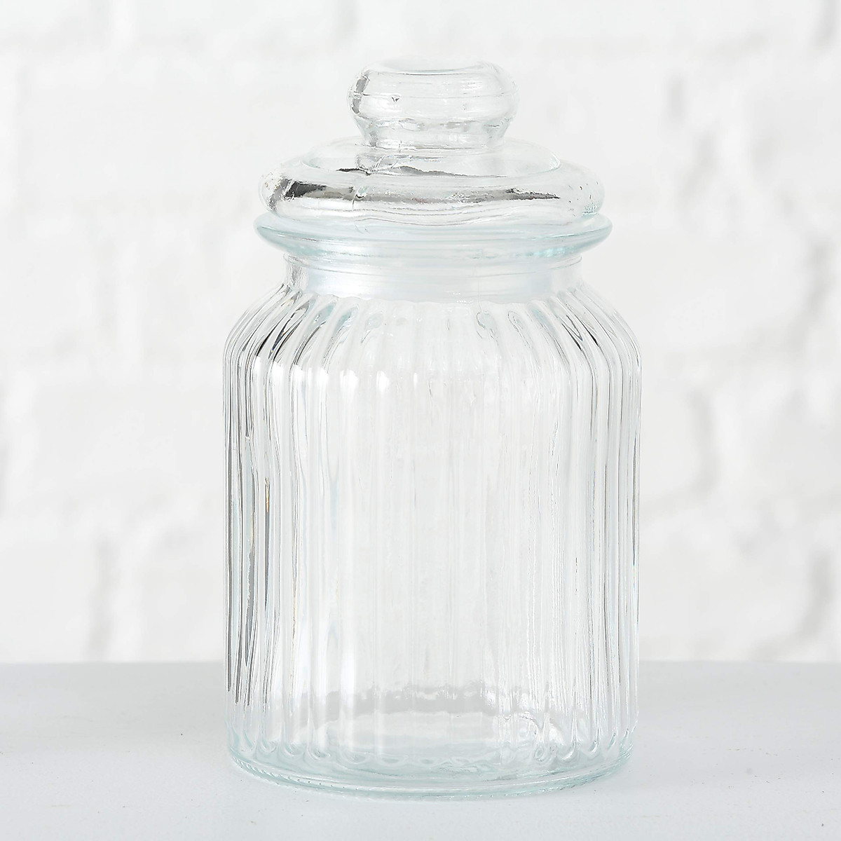 WHW Whole House Worlds Iconic Ribbed and Knob Topped Clear Glass Kitchen Storage Jars, Set of 3, Air Tight Seals, 9, 7 1/2, and 6 Inches Tall