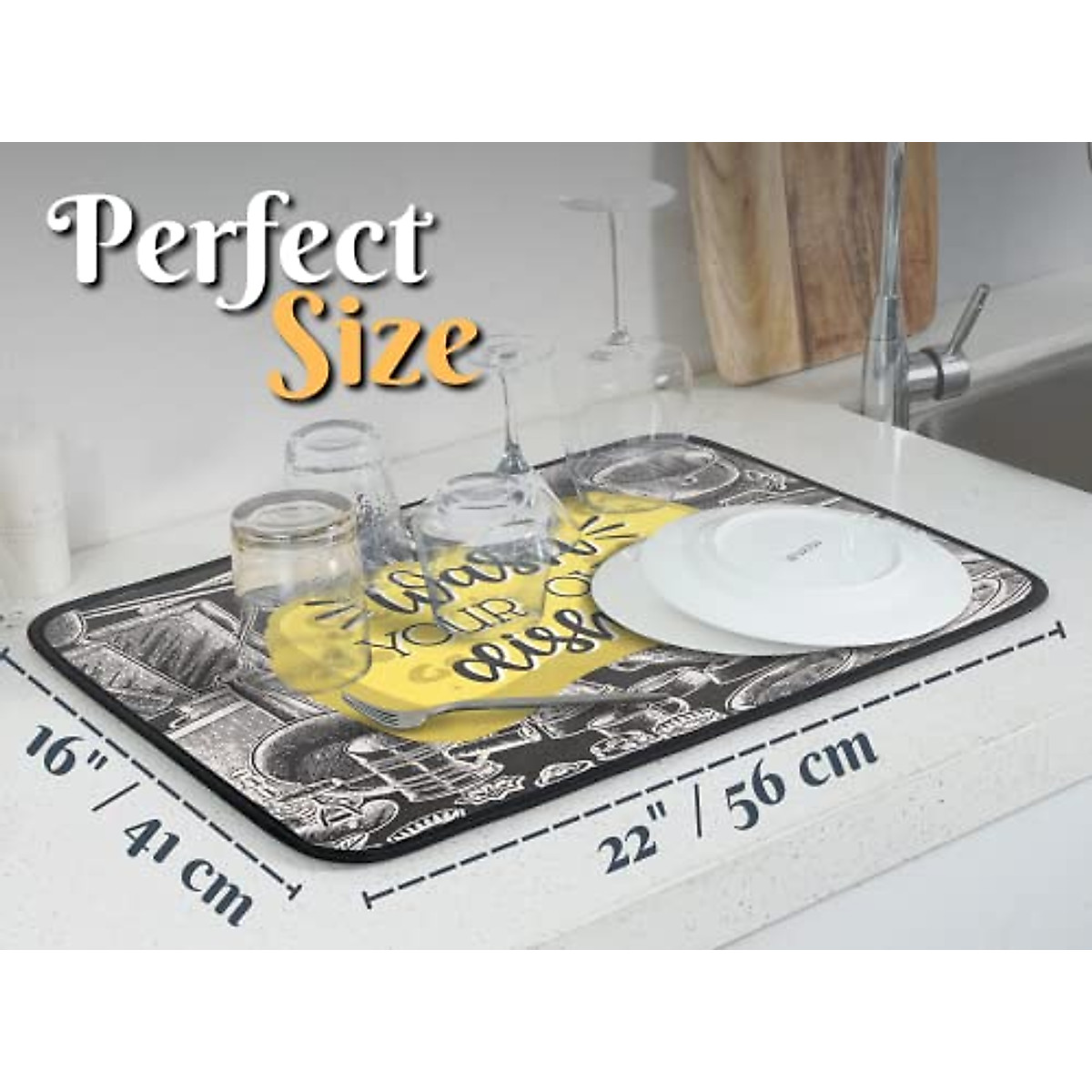 Dish Drying Mat for Kitchen Counter, Best Housewarming & Kitchen Gifts for New House, 16"x22",Absorbent Microfiber, Comes with Faucet Splash Catcher, Unique Design, Gift Box Ready-Wash Dishes