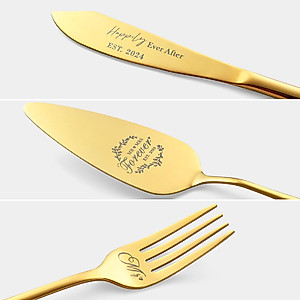 Galaxozent Wedding Presents for Couples 2024, Gold Wedding Cake Knife and Server Set with Forks, Cake Cutting Set for Wedding, Bridal Shower Anniversary Engagement Present For Mr and Mrs Set of 4