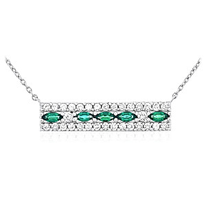 .925 Sterling Silver Marquise Cut Green Lab Grown Emerald and Lab Grown White Sapphire Three Row Horizontal Bar Necklace - 18"